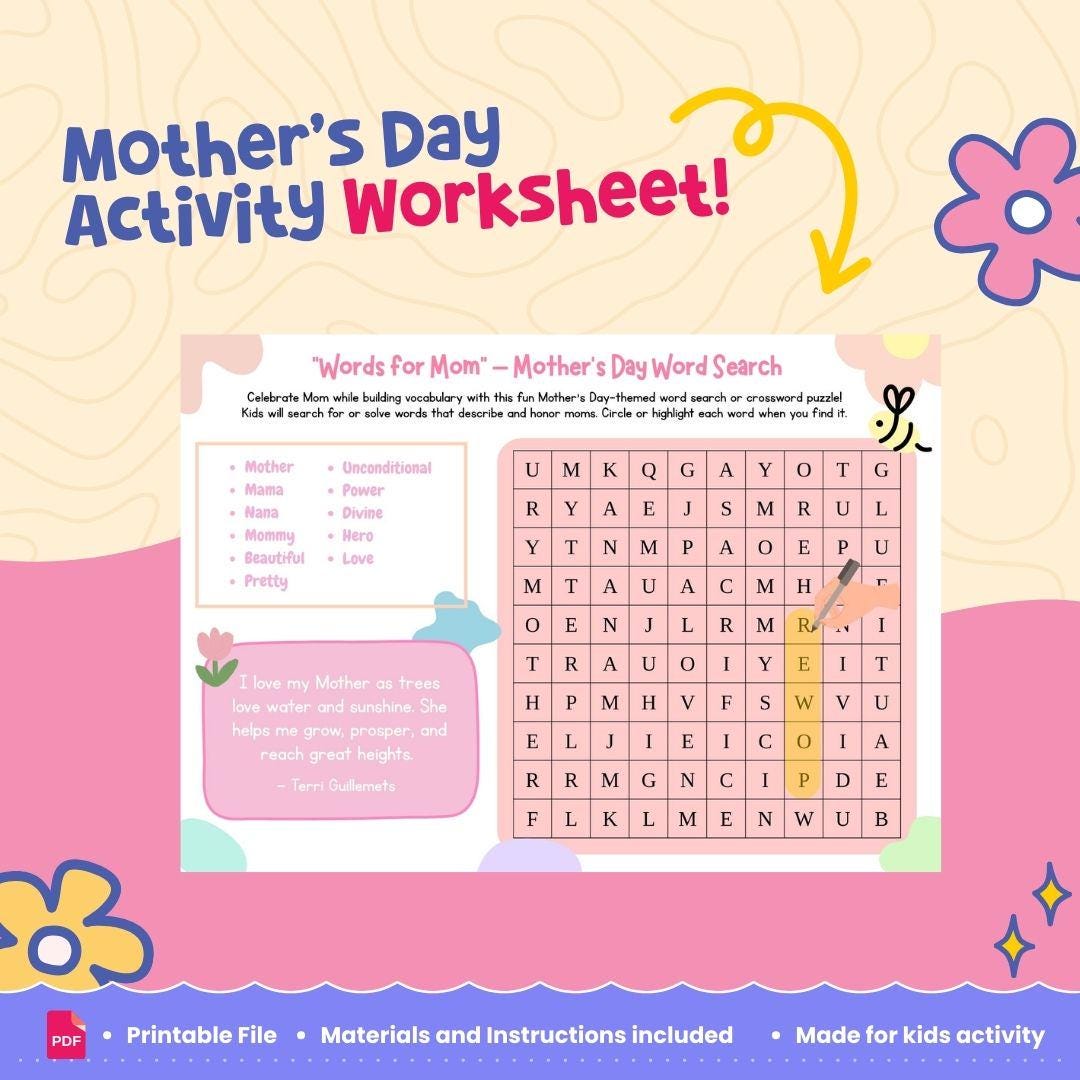 Mother's Day “words for Mom” – Word Search Activity Worksheet for Kids ...