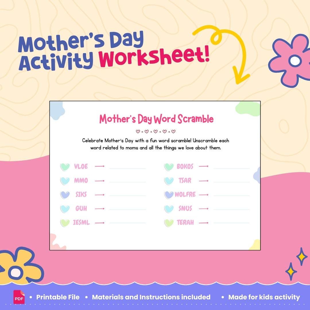 Mother's Day Word Scramble Activity Worksheet for Kids | Printable ...