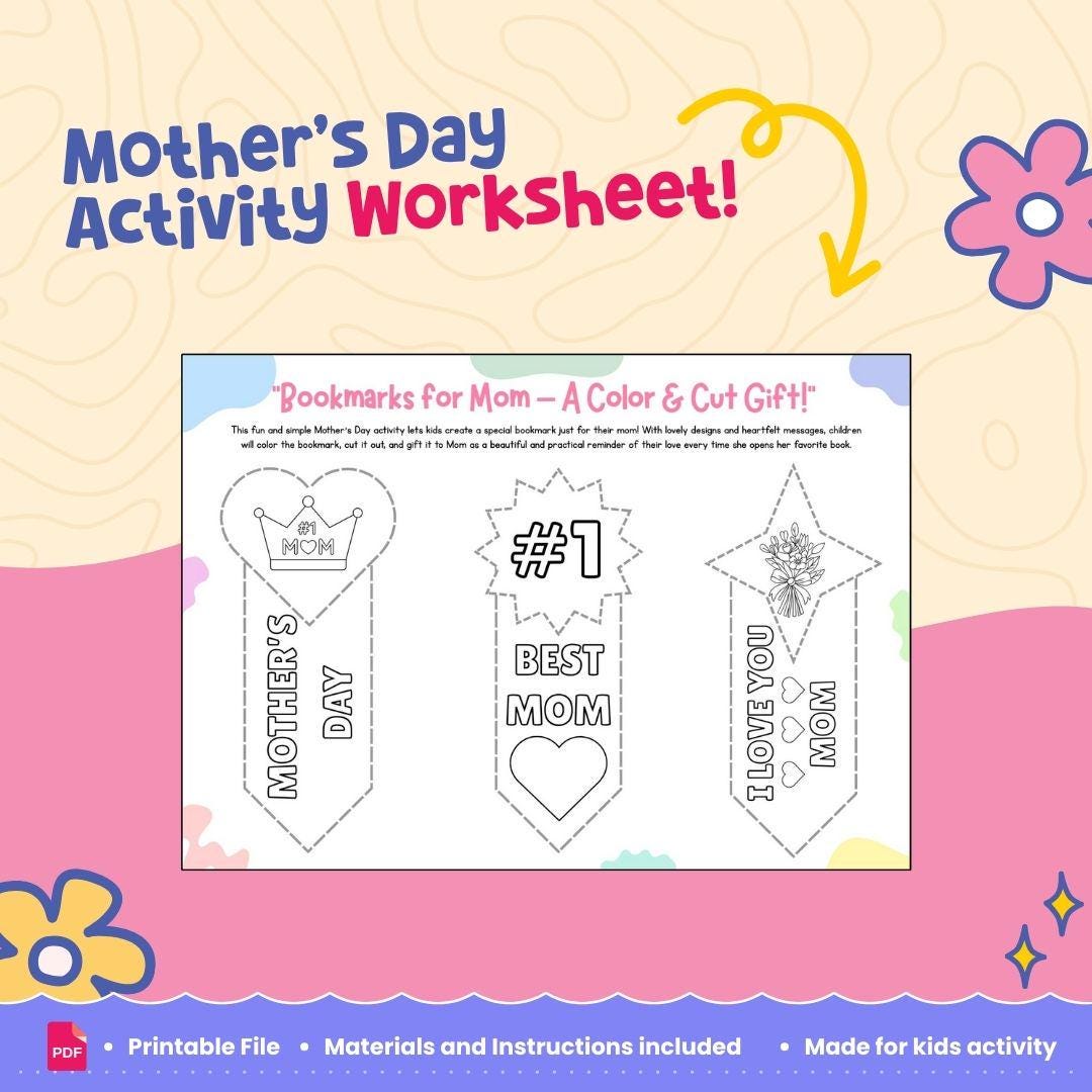 Mother's Day Bookmarks for Mom A Color & Cut Gift Worksheet for Kids ...