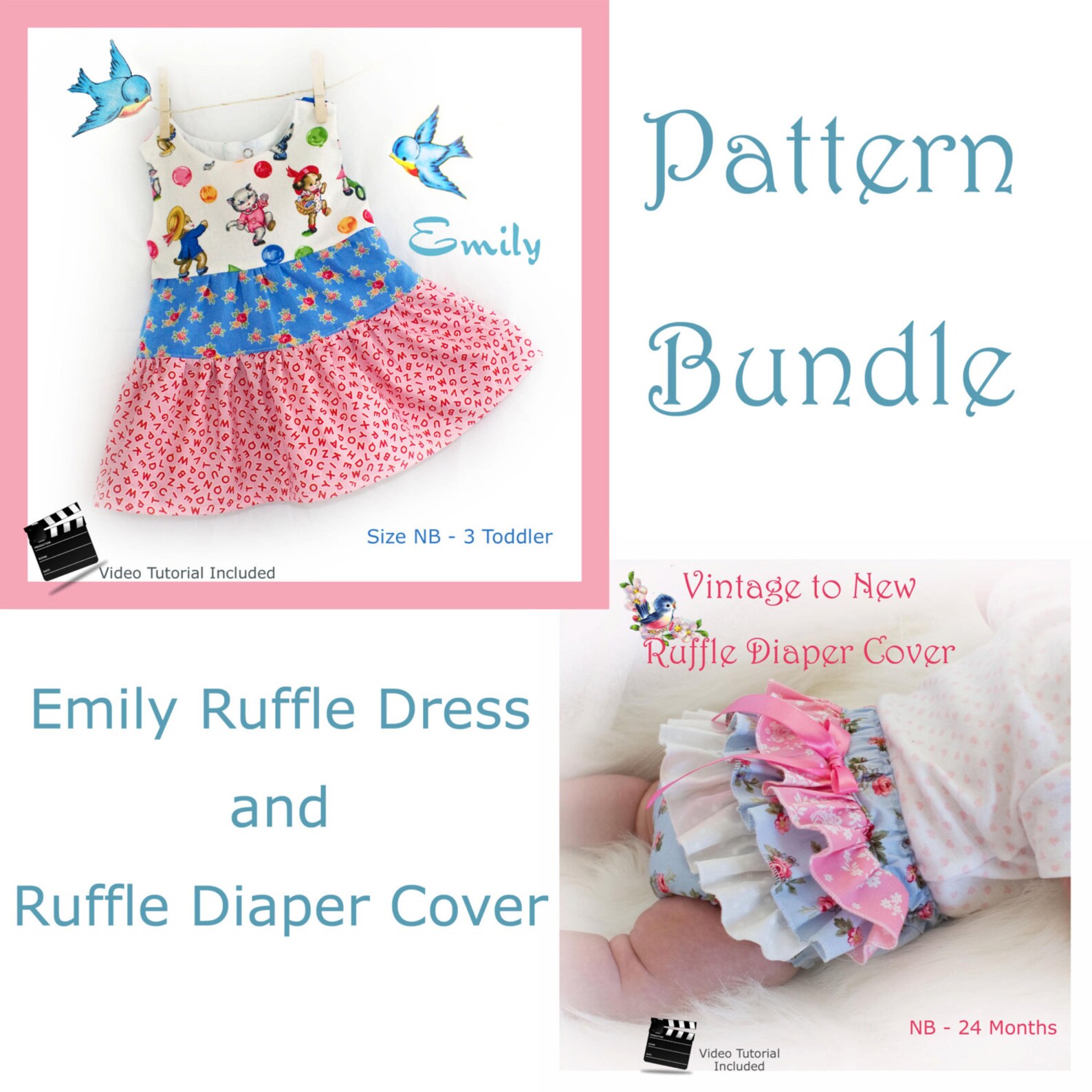 Emily Ruffle Dress AND Ruffle Diaper Cover PDF Patterns NB 3 6 9 12 ...