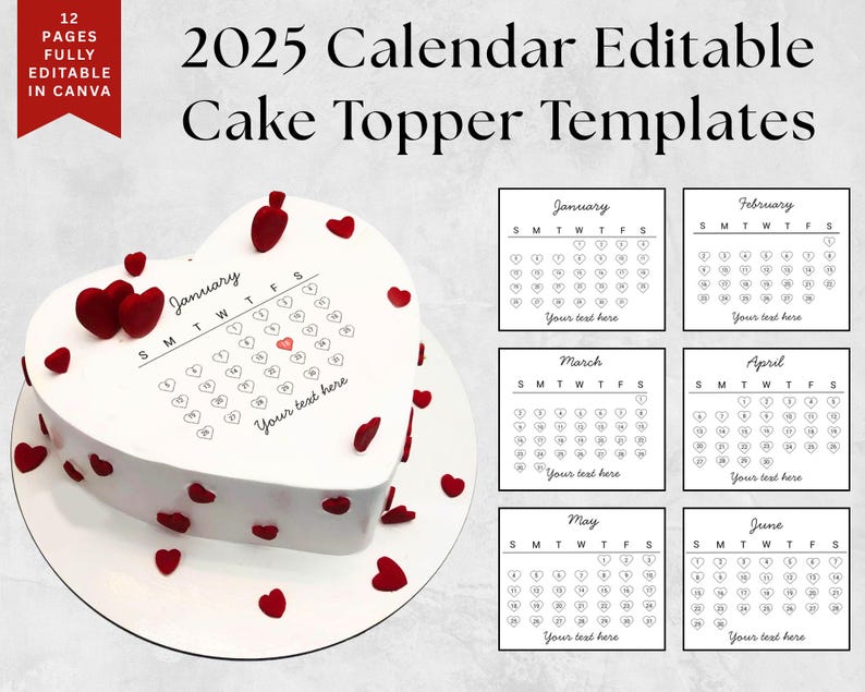 2025 Burn Away Cake Topper Calendar Template, Heart Cake Toppers, Sugar ...
