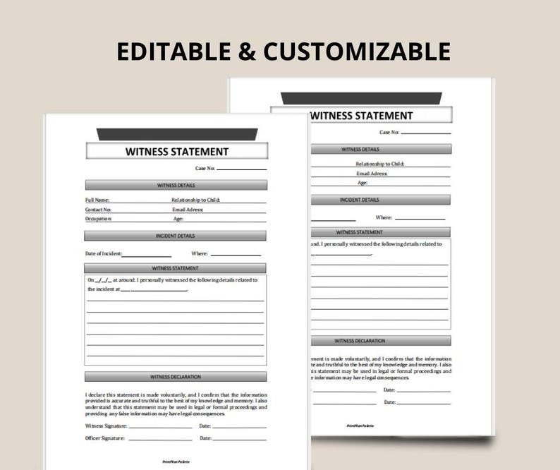 Custody Incident Witness Statement Form: Editable & Printable Evidence ...