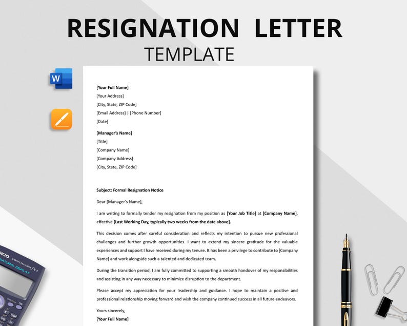 Professional Resignation Letter Template: Editable MS Word & Pages ...