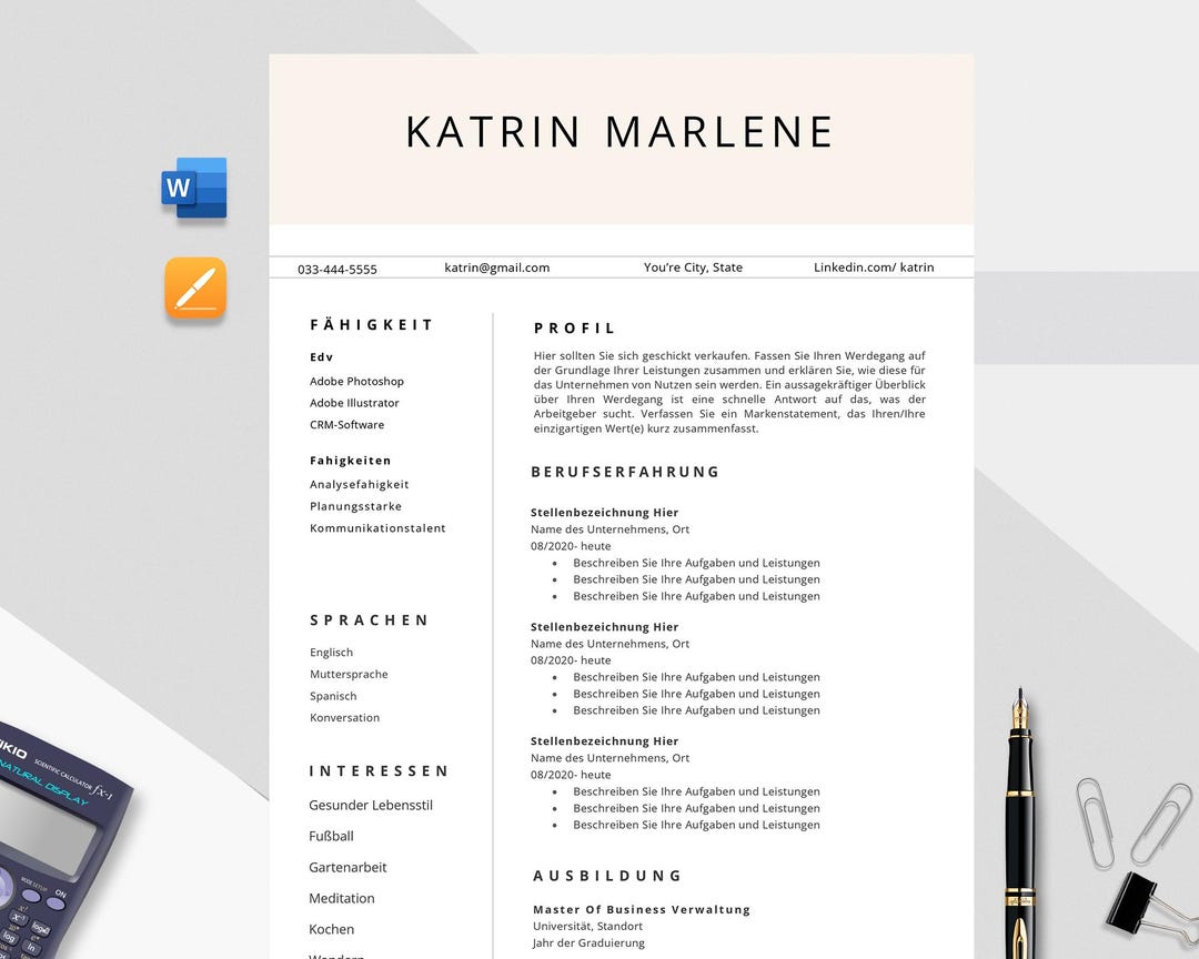German Resume Template Set for Word & Mac Pages - Etsy