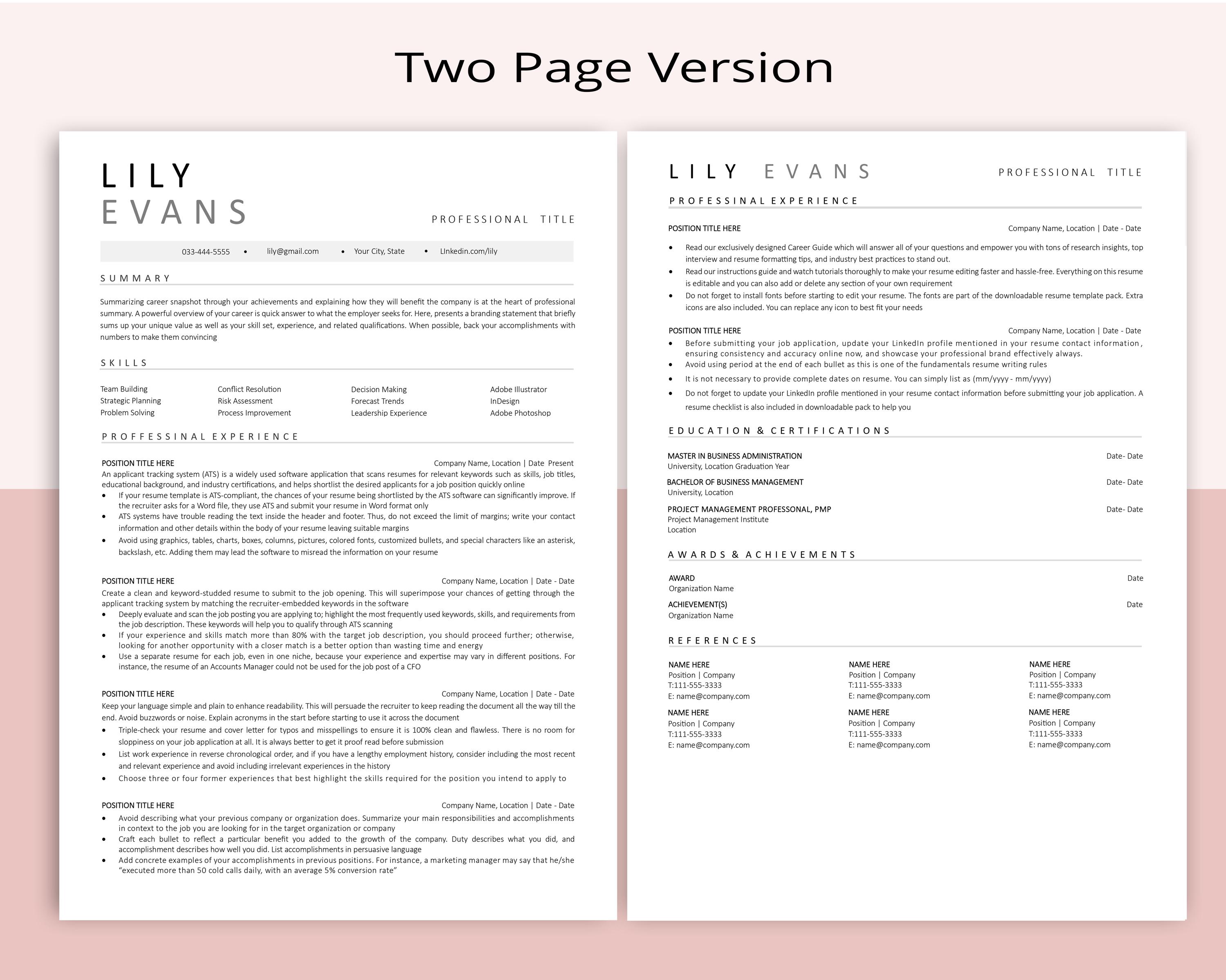 ATS Friendly Resume Template Word, Pages, 2 Pages ATS Resume, ATS Cv ...