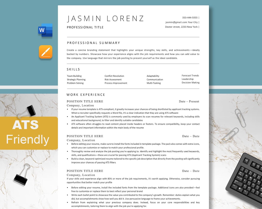ATS Friendly Modern Resume Template Word, Pages, Google Docs, ATS ...