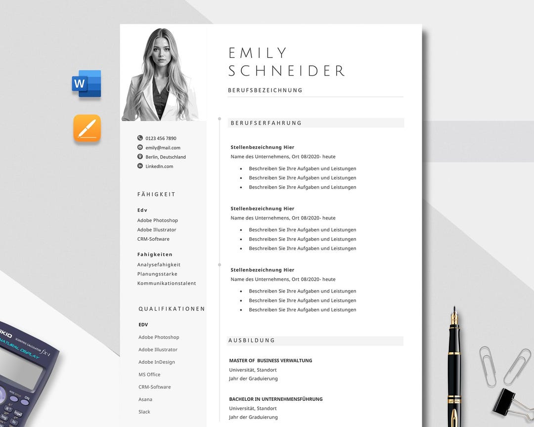 German Resume Template: Minimalist CV, Cover Letter, Photo (word ...