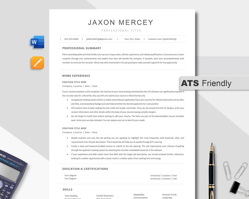 ATS Resume Template: Minimalist Design for Word & Pages (digital ...