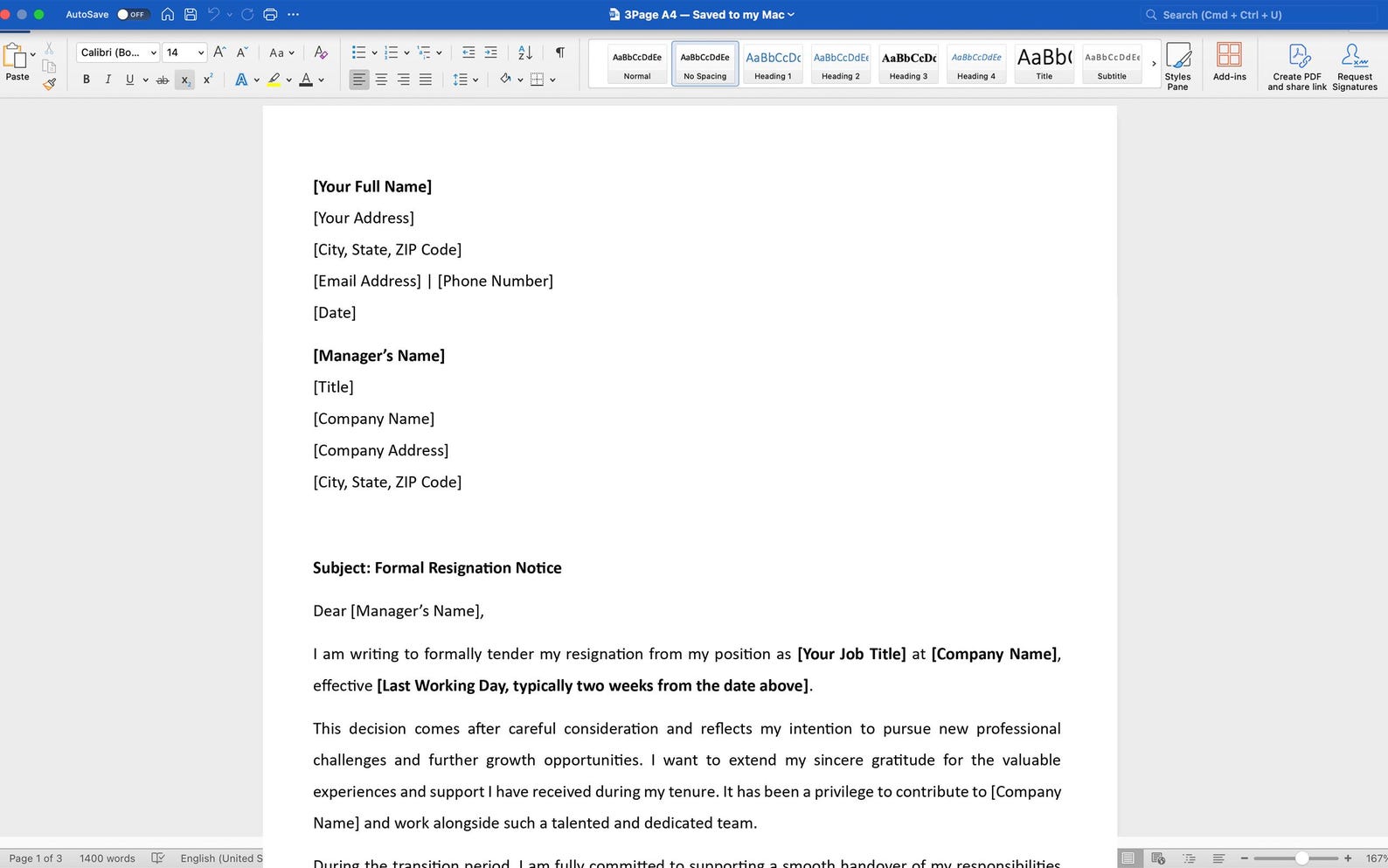 Professional Resignation Letter Template: Editable MS Word & Pages ...