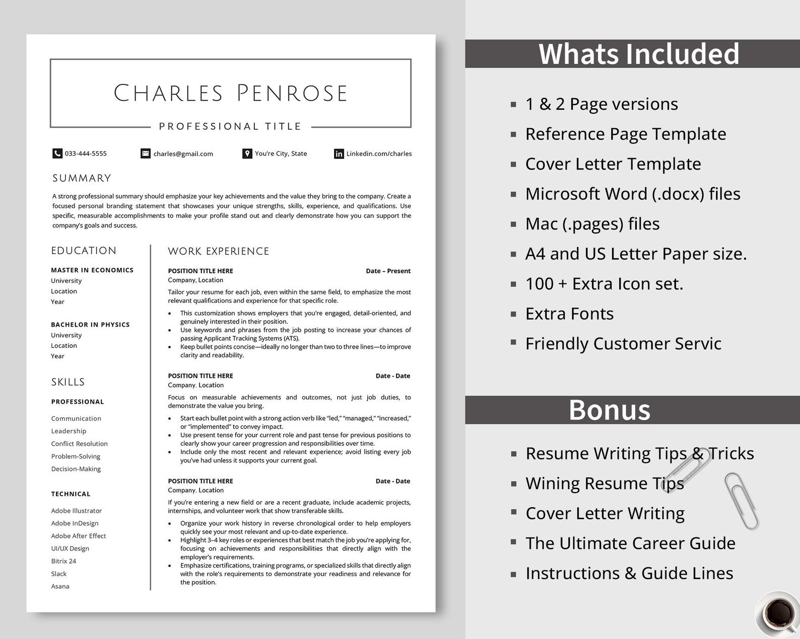 Minimalist Resume Template: Modern CV Design for Word, Google Docs ...