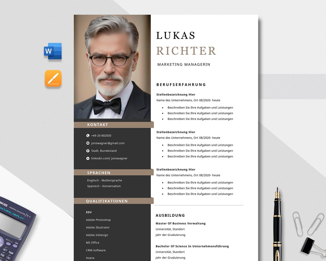 German Resume Template Set: Modern CV, Cover Letter, and More (word ...