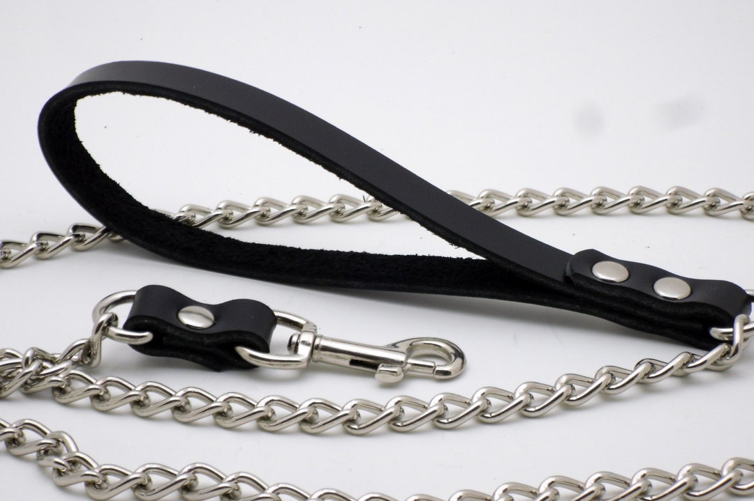 Leather and Chain Leash - Black Leather and Nickel Chain 47" - Free US ...