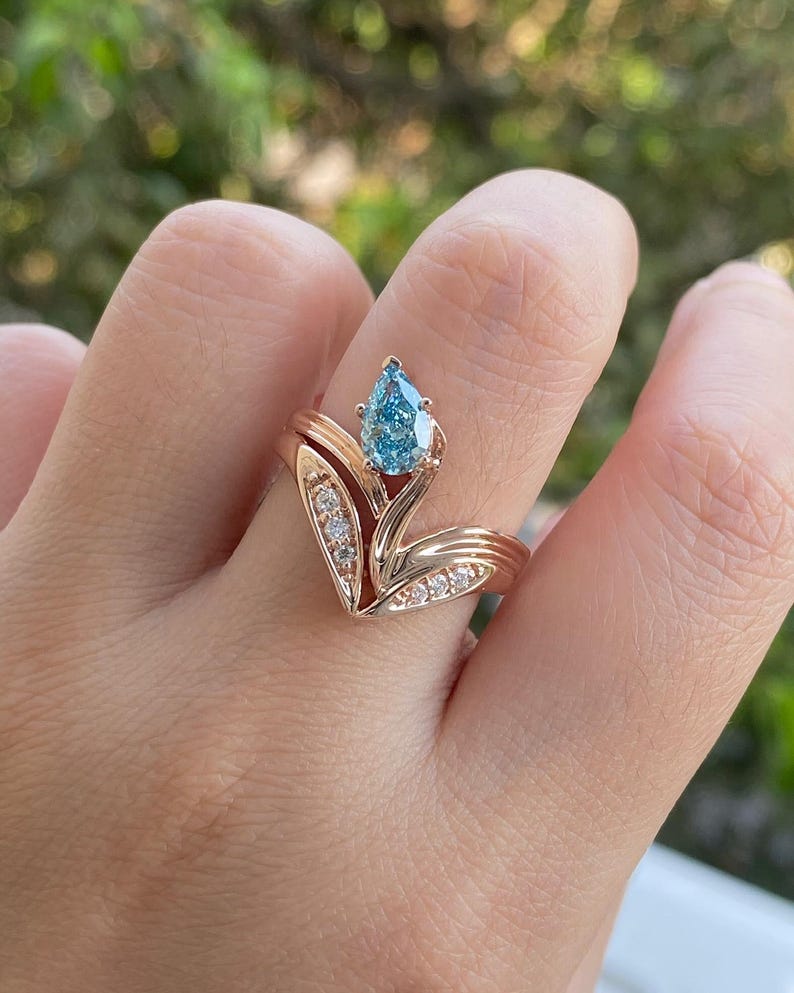 1.5 CT Aqua Blue Pear Cut Engagement Ring, Leaf Inspired Ring, Double V ...