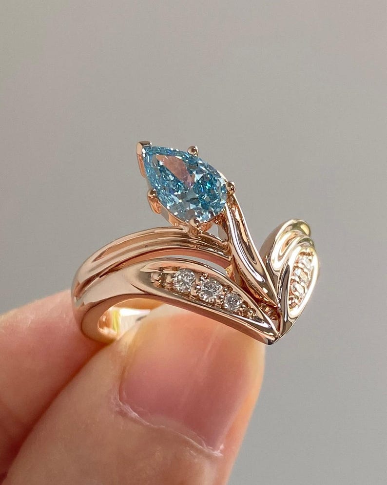 1.5 CT Aqua Blue Pear Cut Engagement Ring, Leaf Inspired Ring, Double V ...