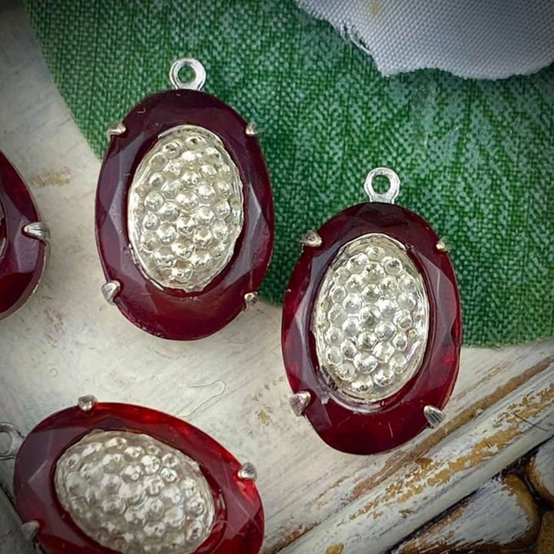 Ruby Red Oval Rhinestone Drops With Fun Sparkly Textured Silver Centers ...