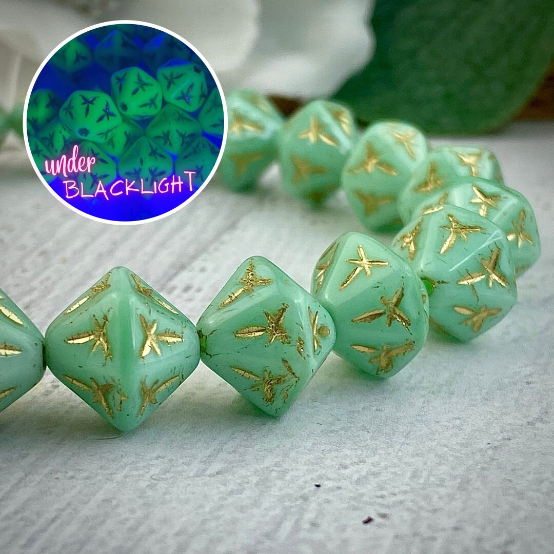 Czech Vintage Reproduction Pressed Glass Bicone Beads in Opaque Mint ...