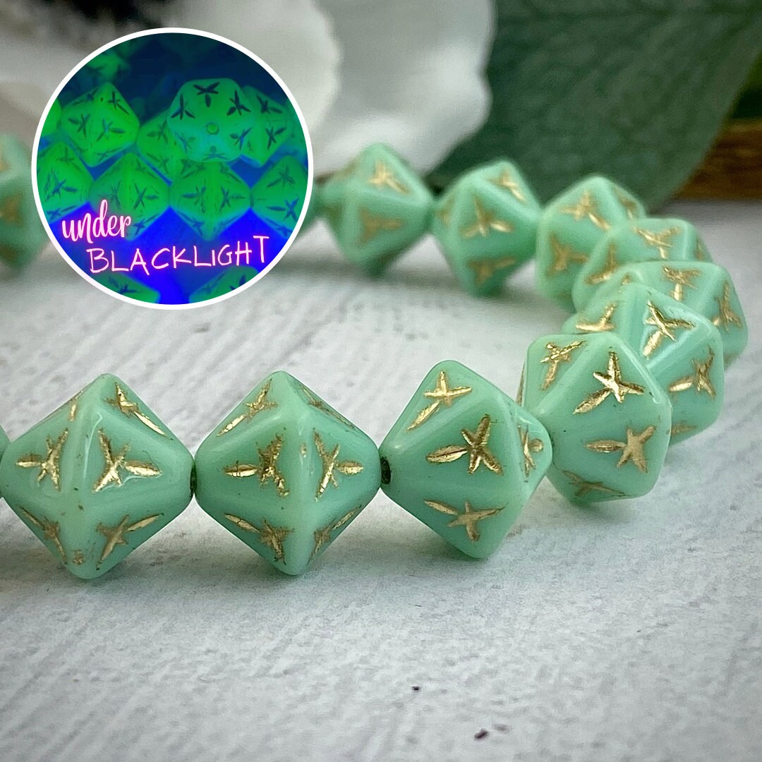 Czech Vintage Reproduction Pressed Glass Bicone Beads in Opaque Mint ...