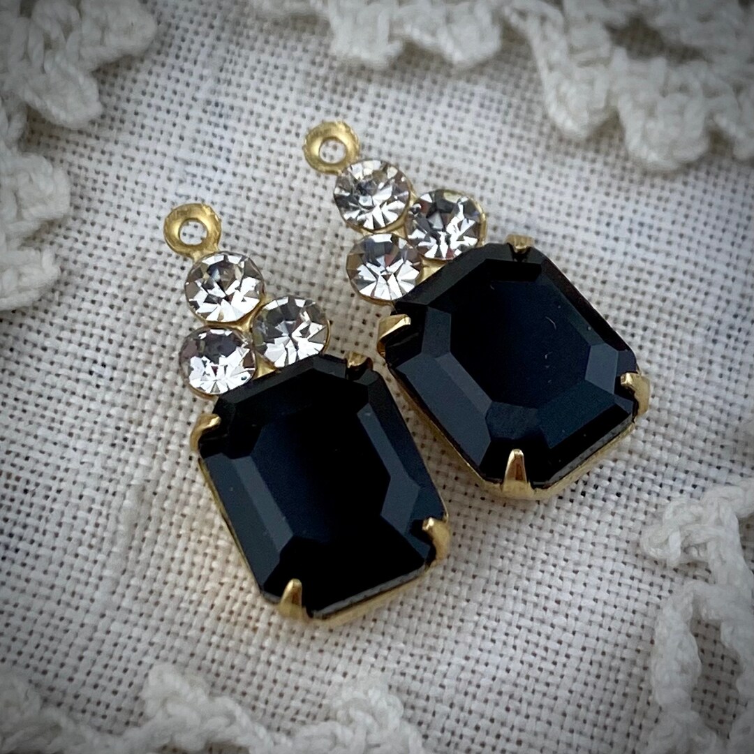 Jet Black Rectangle Drops / Charms / Pendants Embellished With Super ...