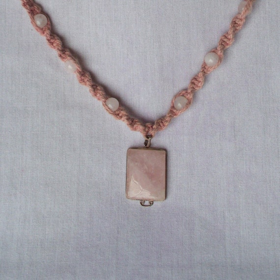 Items similar to Rose Quartz necklace with pink macrame cotton string ...