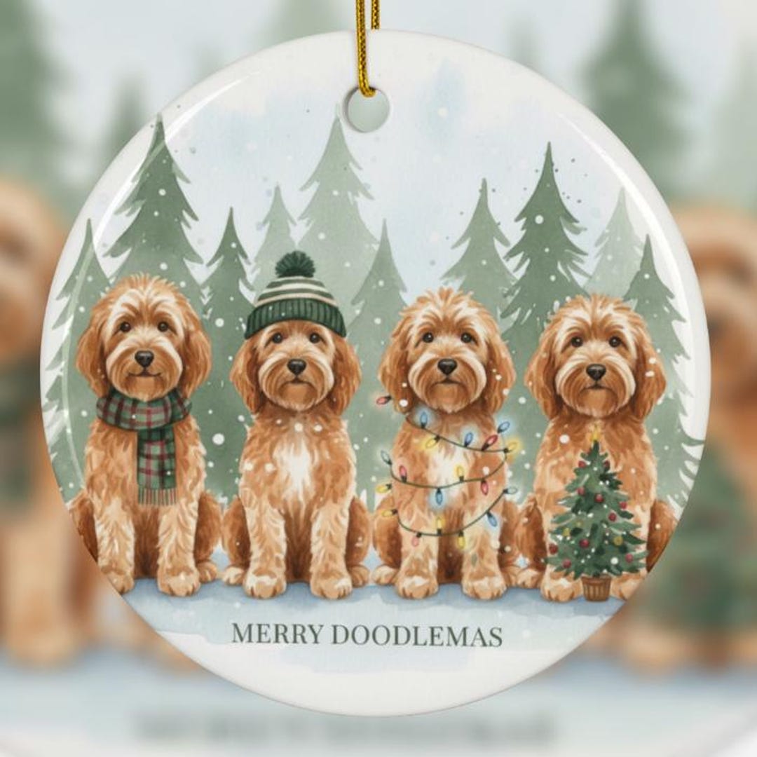 Merry Doodlemas Goldendoodle Family Ornament | Ceramic Round Christmas ...