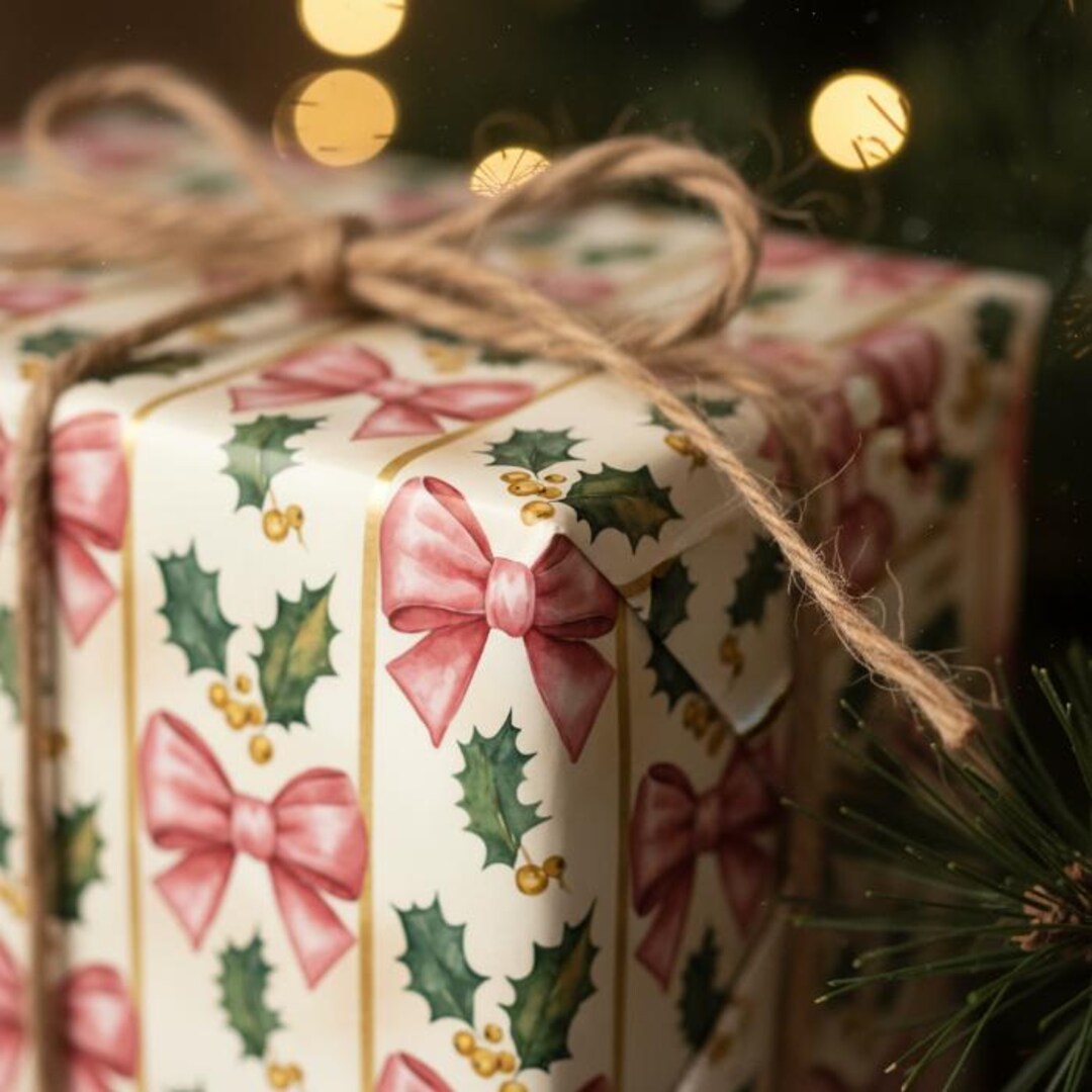 Vintage Style Christmas Wrapping Paper | Pink Bow & Holly Design - Etsy