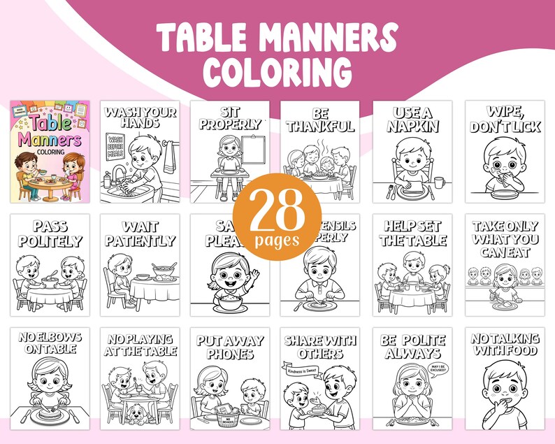 Table Manners Coloring Pages | Commercial Use | 28-page PDF | Fun ...
