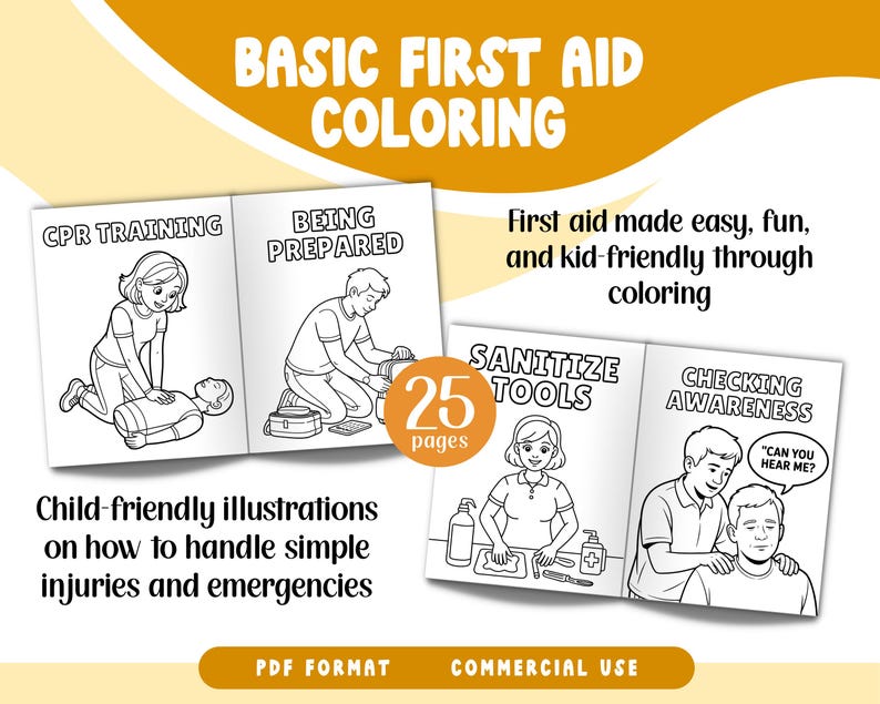Basic First Aid Coloring Pages | Commercial Use | 25-page PDF Safety ...
