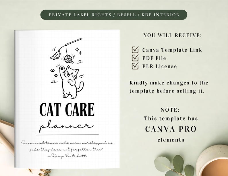 PLR Cat Care Planner for Commercial Use, Printable and Editable ...
