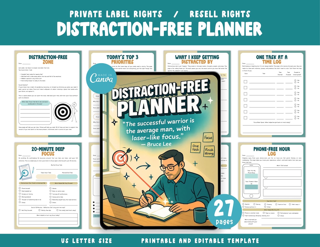 PLR / Resell Distraction-free Planner, Printable and Editable Template ...