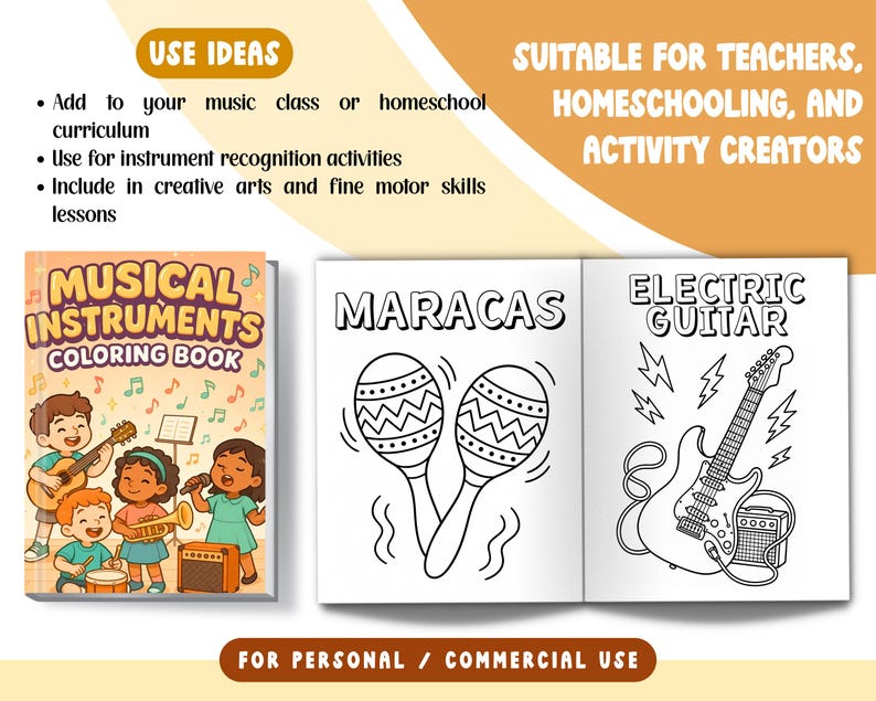 Musical Instruments Coloring Pages | Commercial Use | 31-page PDF Music ...