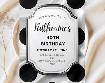 Polka Dot Birthday Invitation | Black and White Printable Invite ...
