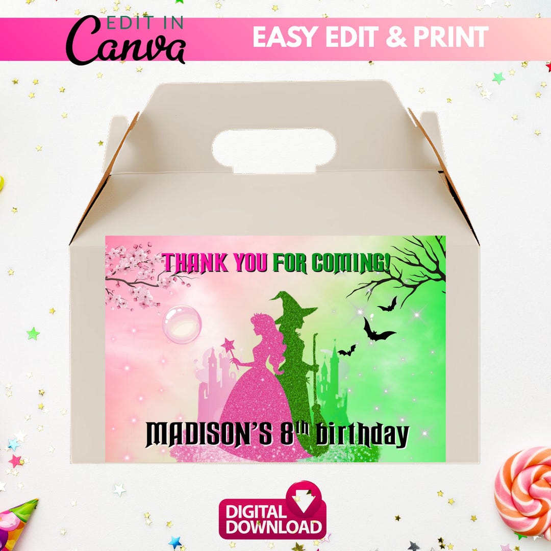 Wicked Gable Box Label Template, Linda & Elphaba Party Favor Box Label ...