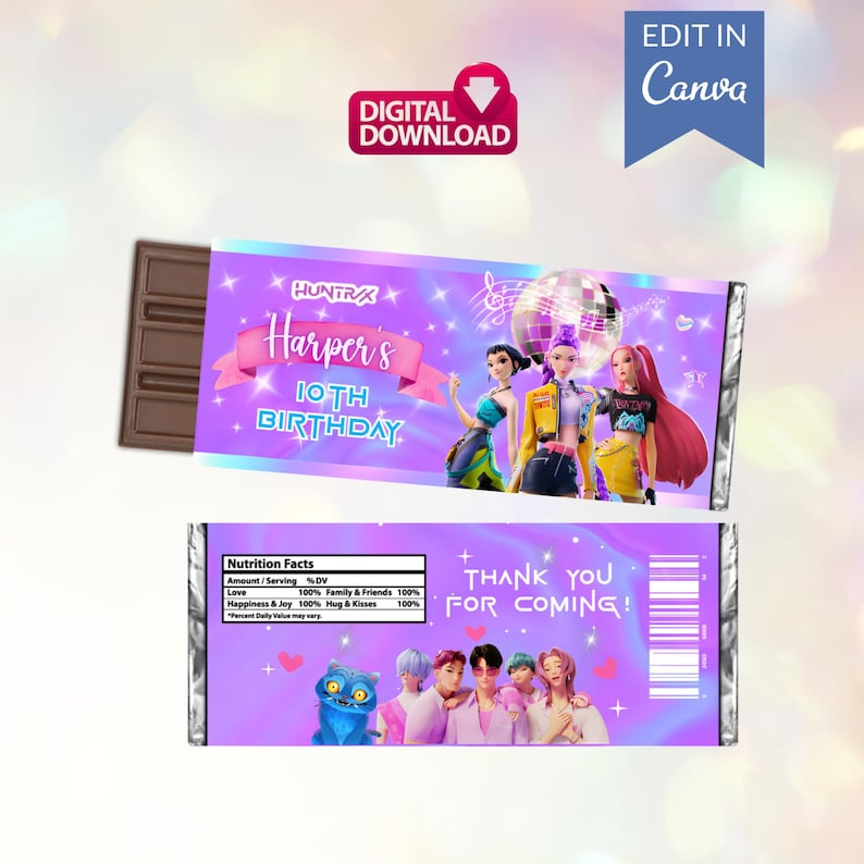 Editable Kpop Demon Hunters Chocolate Wrapper Template, Kpop Candy Bar Label, Kpop Party Favors ...