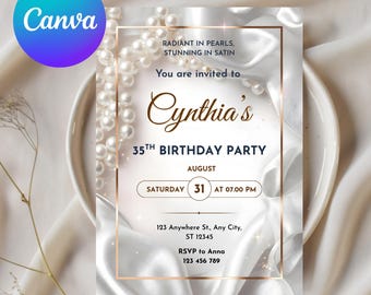 Pearls and Satin Party Invitation, Glam Party Invitation, Pearl ...