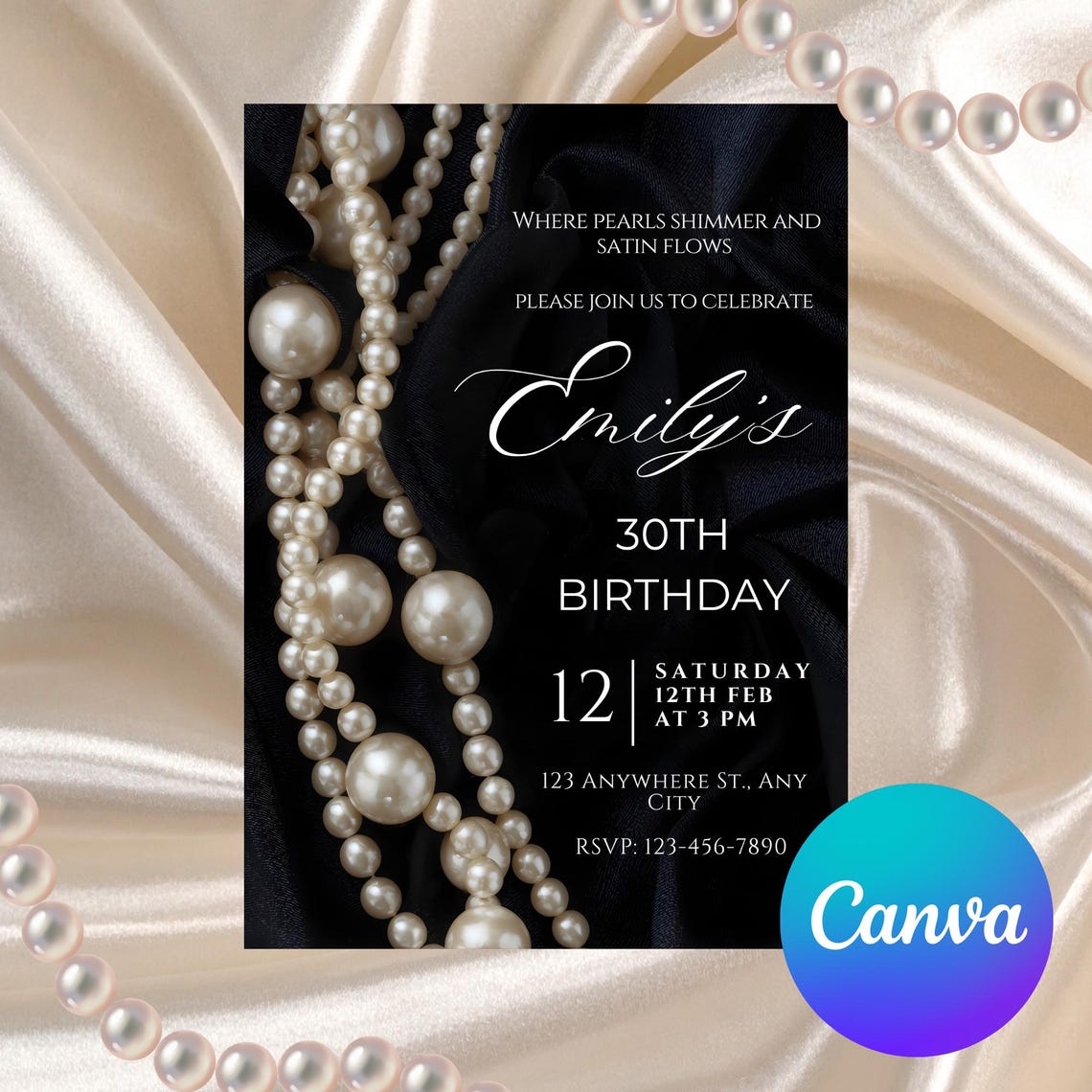 Editable Pearls and Black Satin Party Invitation, Glam and Glitz ...
