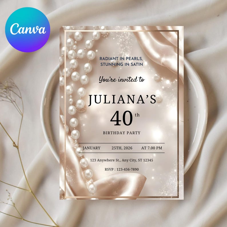 Editable Pearls and Satin Party Invitation, Glam Party Invitation ...