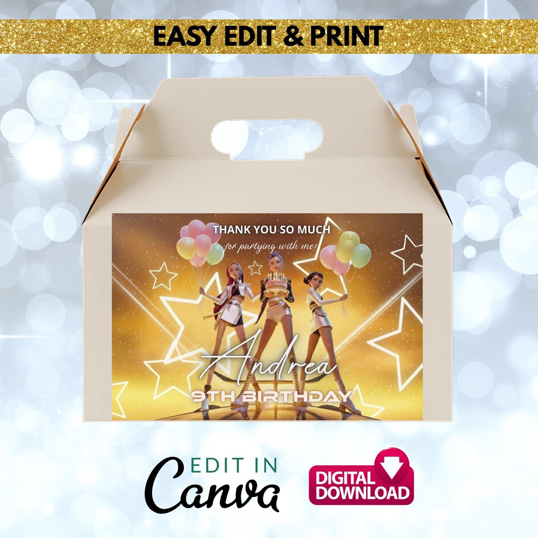 Kpop Demon Hunter Gable Box Label, Editable Kpop Party Favor Box Label ...