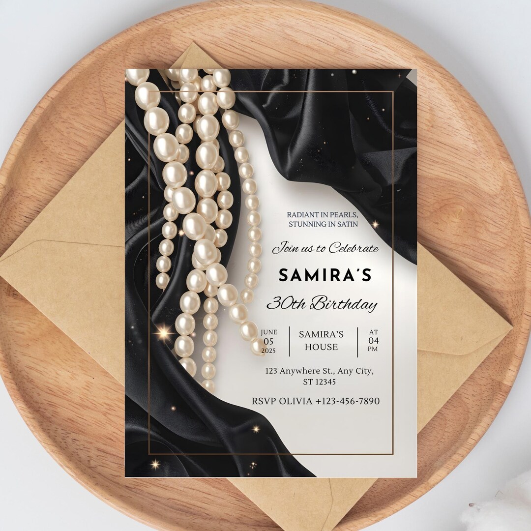 Editable Pearls and Black Satin Party Invitation, Glam Invitation ...