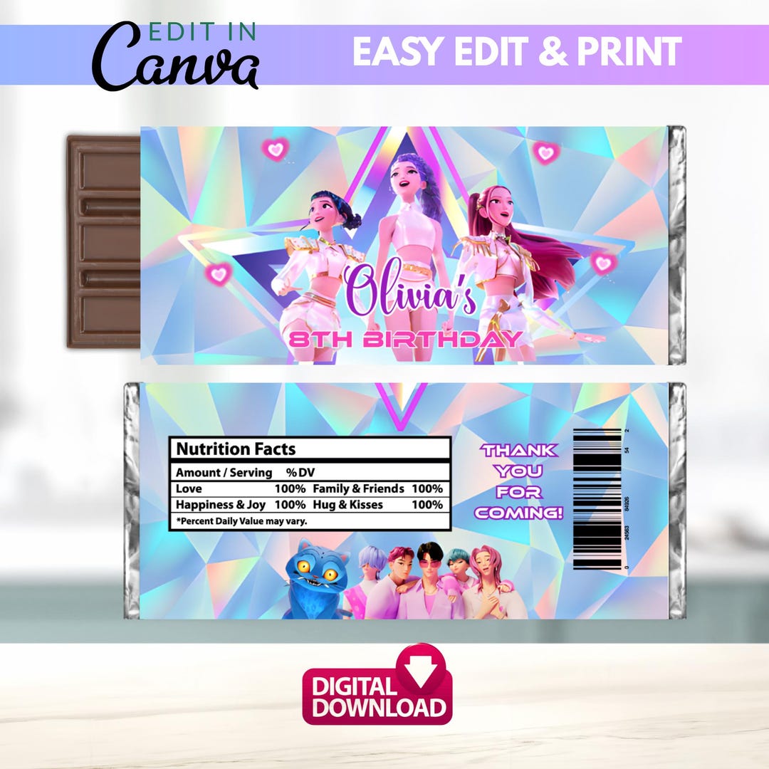 Editable Kpop Demon Hunters Chocolate Wrapper Template, Kpop Candy Bar Label, Kpop Party Favors ...