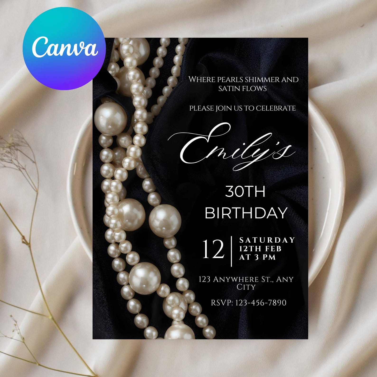 Editable Pearls and Black Satin Party Invitation, Glam and Glitz ...