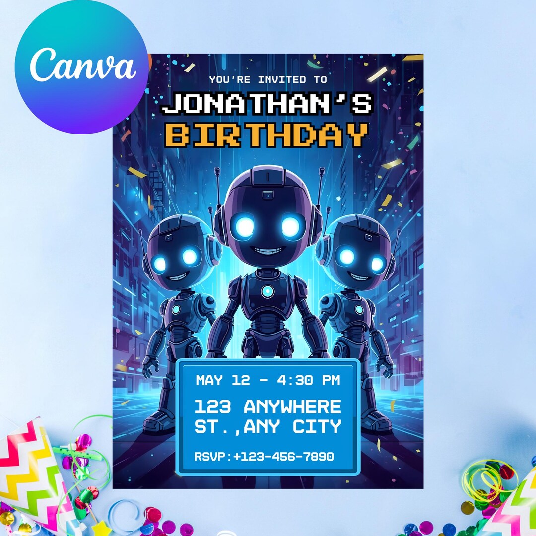 Robot Birthday Invitation, Robots Birthday Party Invitation, Robot ...