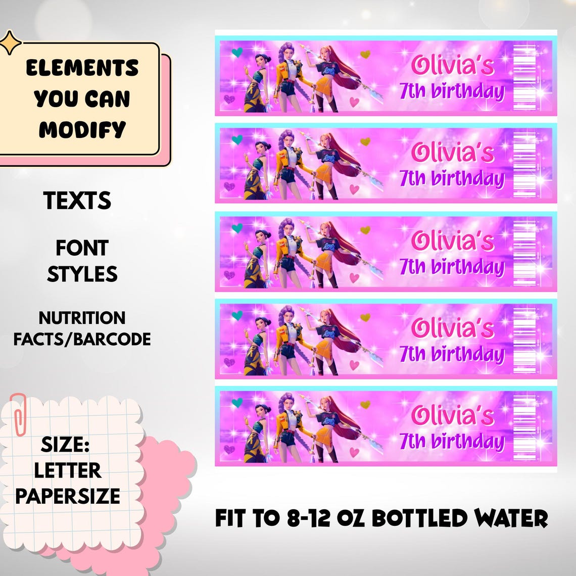Editable Kpop Demon Hunters Water Bottle Label Template, Kpop Water ...