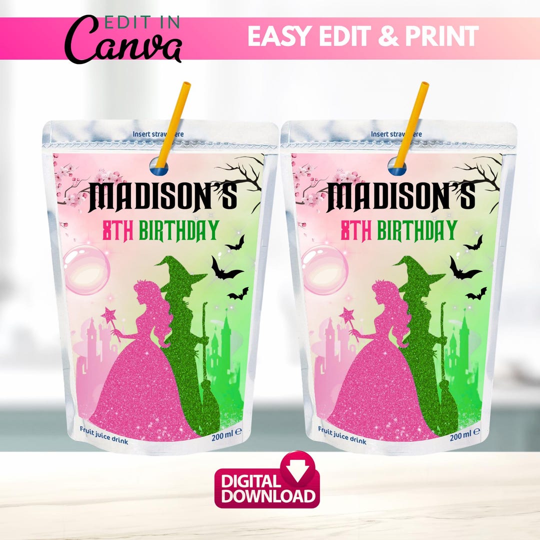 Wicked Juice Pouch Label Template, Linda & Elphaba Party Favor Capri ...