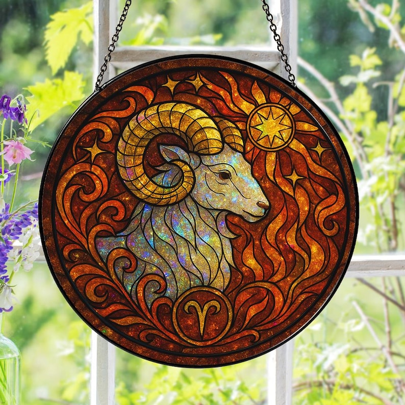 Aries Zodiac Stained Glass Suncatcher, Handmade Astrology Window ...