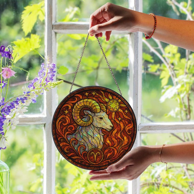 Aries Zodiac Stained Glass Suncatcher, Handmade Astrology Window ...