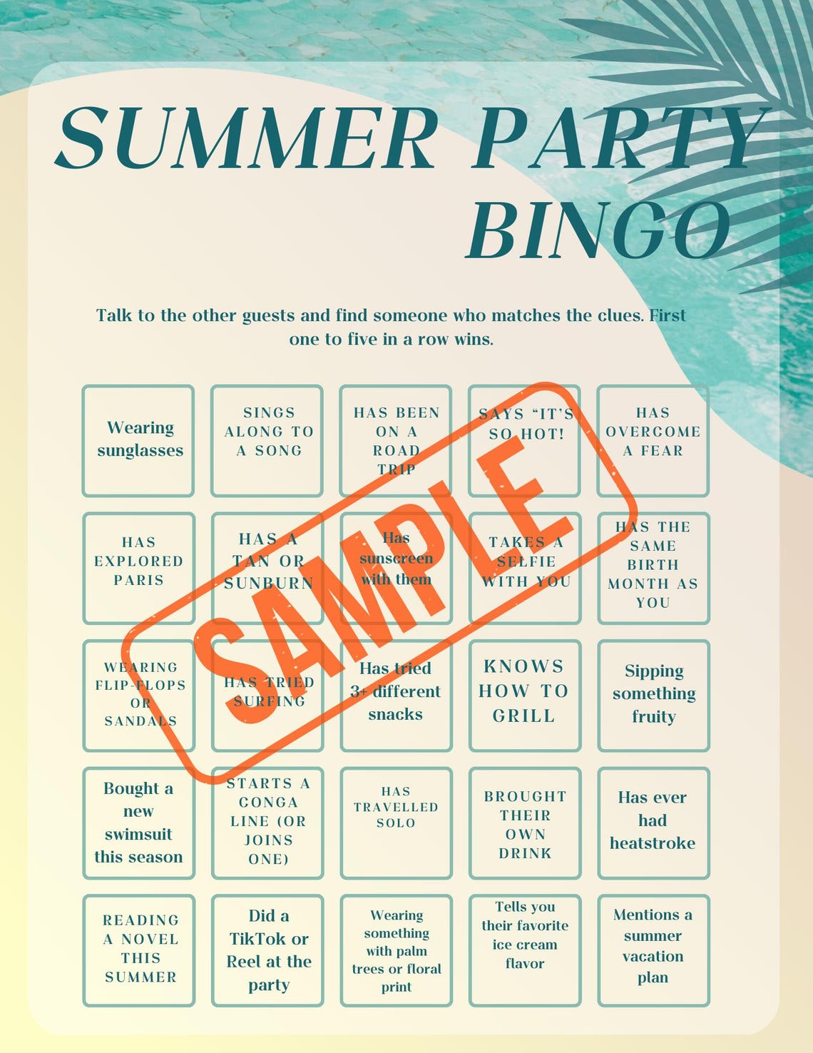 Summer Party Bingo Game | Printable Icebreaker for Bbqs, Pool Parties ...