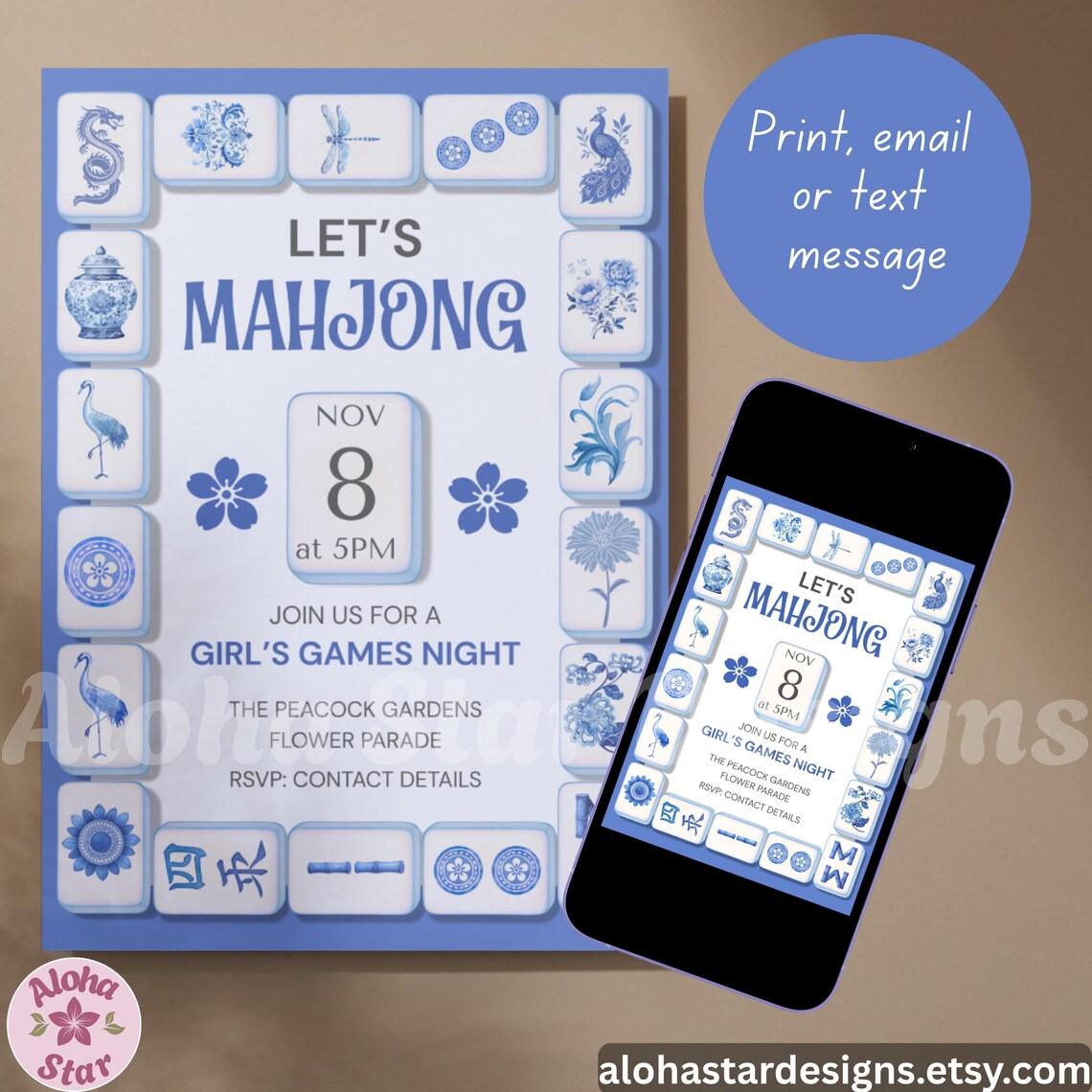 Chinoiserie Mahjong Party Invitation: Blue Tile Game Night (canva ...