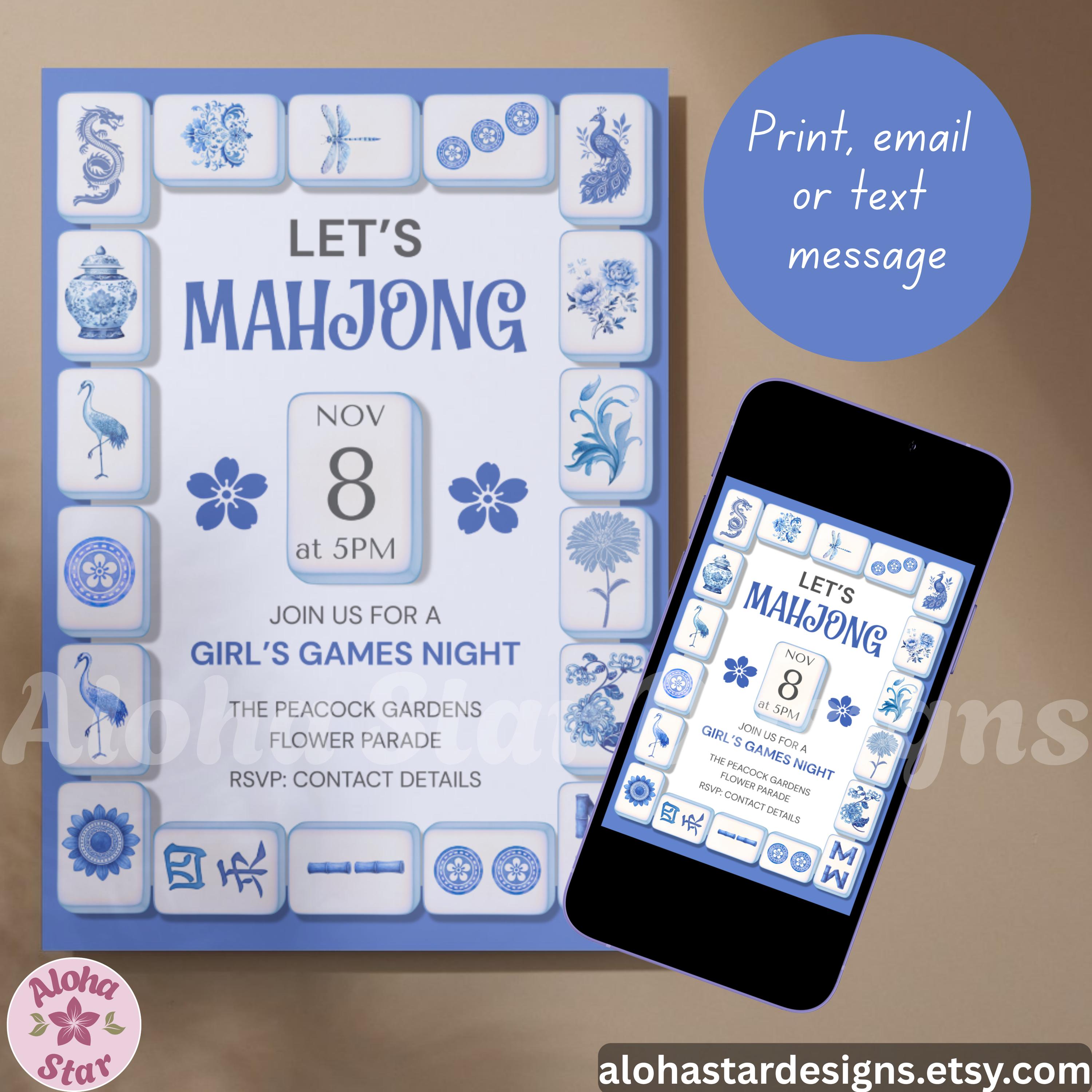 Chinoiserie Mahjong Party Invitation: Blue Tile Game Night (canva ...