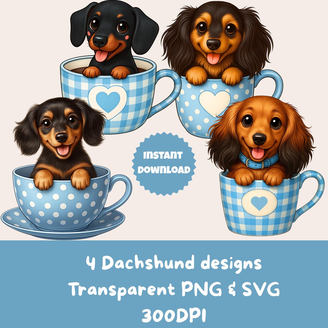 Dachshund Clipart Bundle: Doxie in Blue Cup SVG & PNG - Etsy