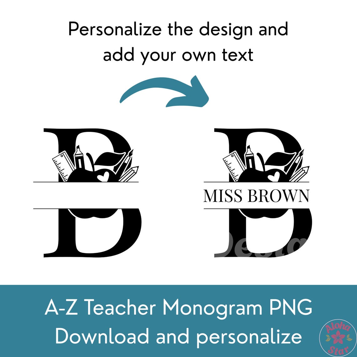 Teacher Monogram PNG: Apple & Stationery Letter Art (digital Download ...